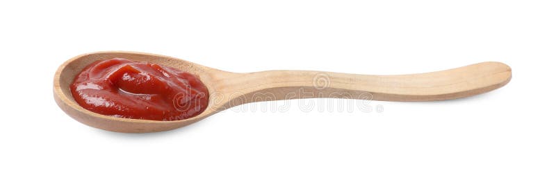 Ketchup in Wooden Spoon Isolated on White Stock Photo - Image of ...