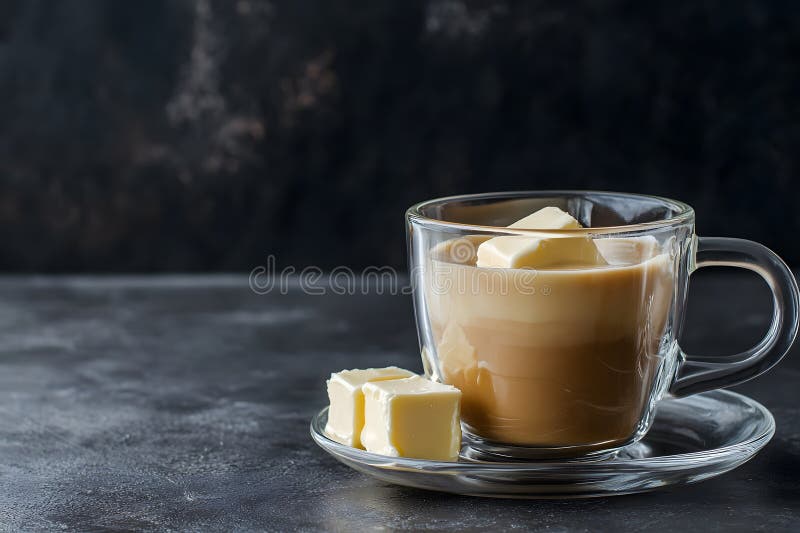Keto Bulletproof Coffee in Glass Cup, Butter Cube Melting, Minimal Setup Stock Photo - Image of ...