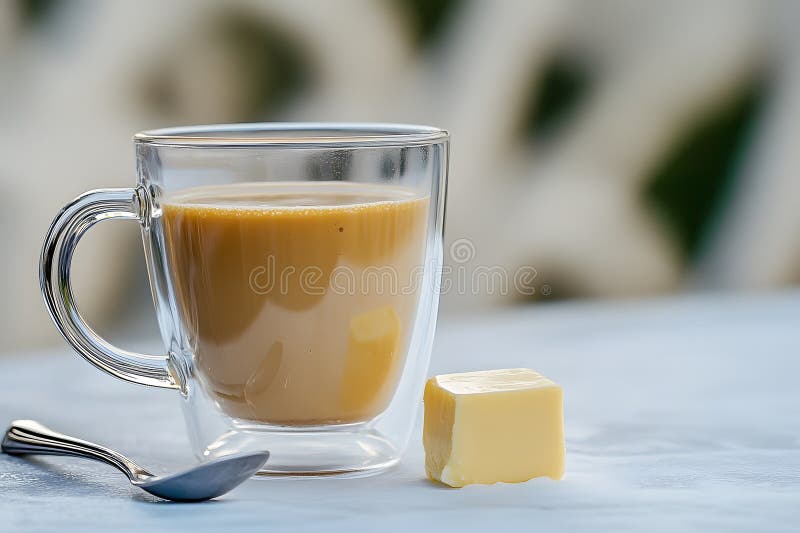 Keto Bulletproof Coffee in Glass Cup with Melting Butter Cube ...