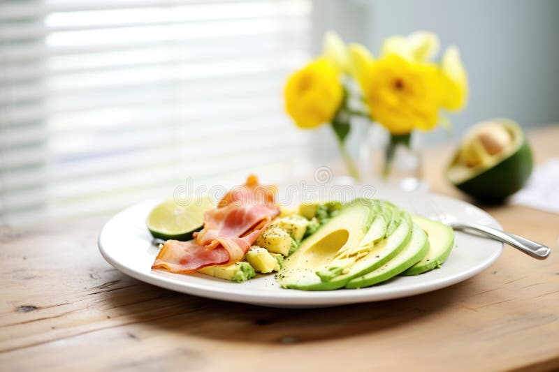 Keto Diet Meal with Eggs, Bacon, and Avocado on a Plate Stock Photo ...