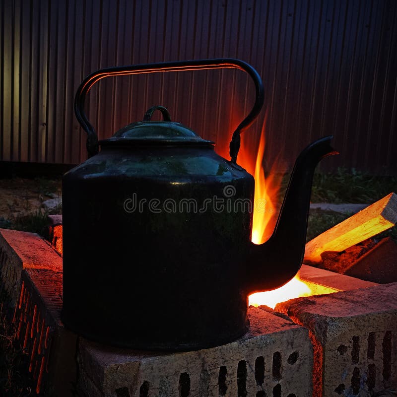A Kettle is Boiling on an Open Fire Stock Image - Image of open, fire ...