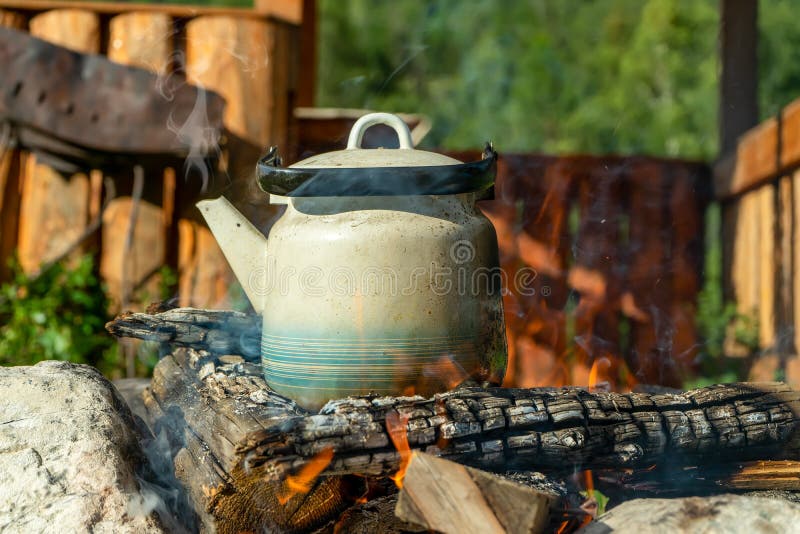 The Kettle is Boiling Over the Fire Stock Image - Image of fireplace ...