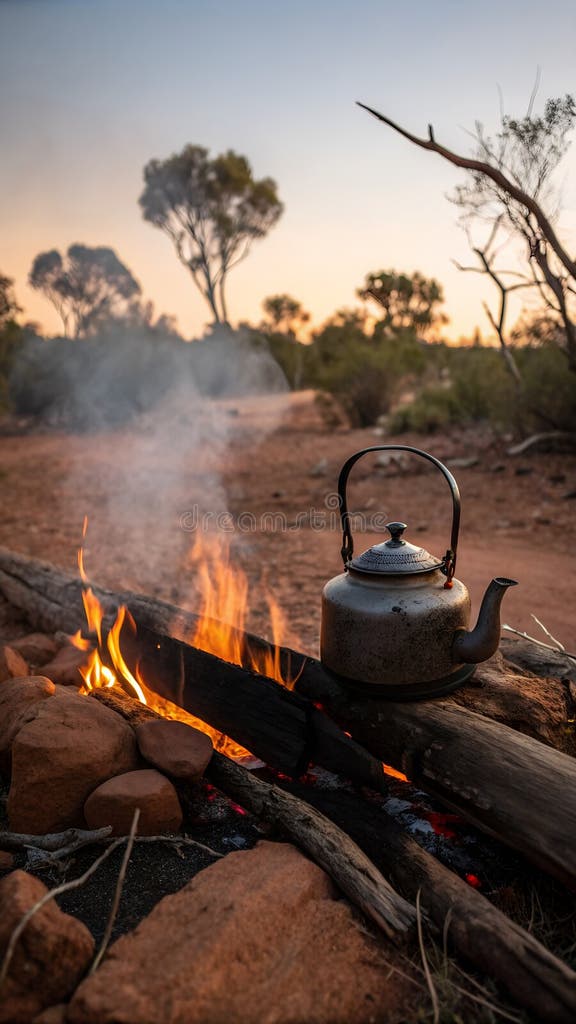Kettle Boiling Over Fire in the Outback with Copyspace for Text Stock ...