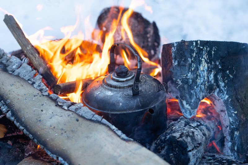 Kettle Boils on Fire Campfire Stock Photo - Image of dinner, cooking ...