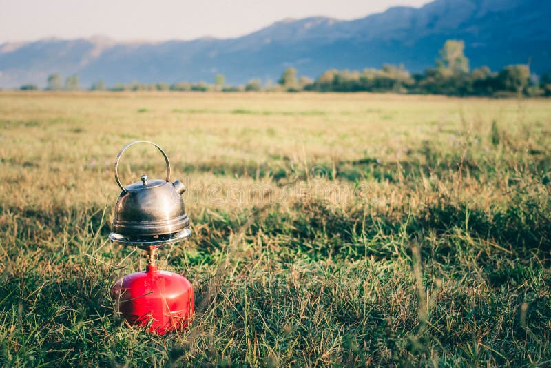 Kettle on a Burner. Tea Outdoors. Making Tea in the Open Air Stock ...