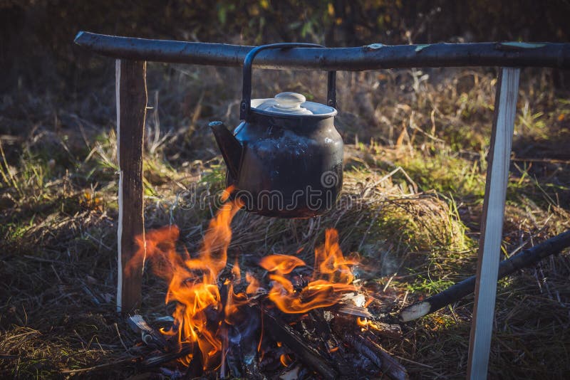 Kettle on the fire stock image. Image of cold, food, hunting - 78833523