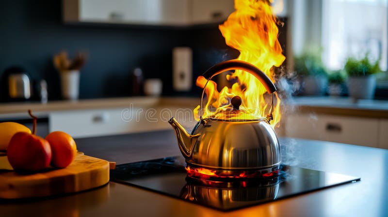 A Kettle on Fire on a Kitchen Counter Top Stock Illustration ...