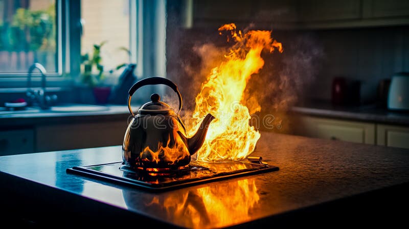 A Kettle on Fire on a Kitchen Counter Top Stock Illustration ...