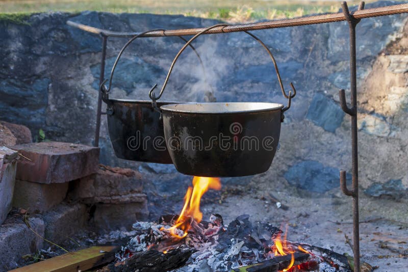 Kettle Over the Fire in the Fireplace Stock Image - Image of metal ...