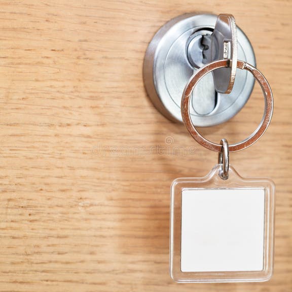Key with Blank Square Keychain in Lock Close Up Stock Image - Image of ...
