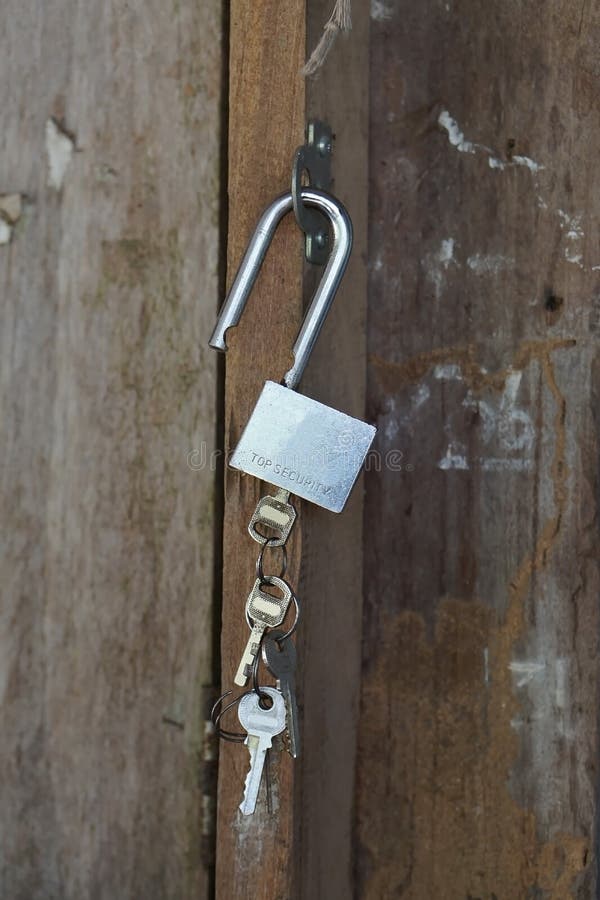 Key Chain with Three House or Door Keys on a Dark Wood Table Top. Stock ...