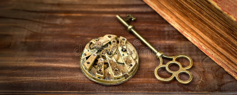 Key and Clockwork on a Wooden Background, Escape Room Game Banner Stock ...