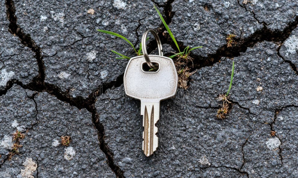 Key in Cracked Earth with Sprouting Plants Stock Illustration ...