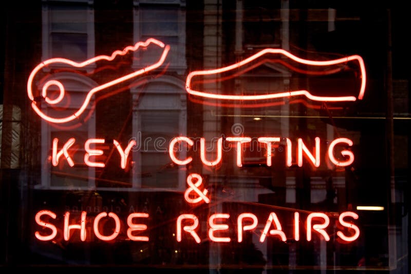 KEY CUTTING & SHOE REPAIRS Neon Sign Stock Image - Image of keys, sign ...