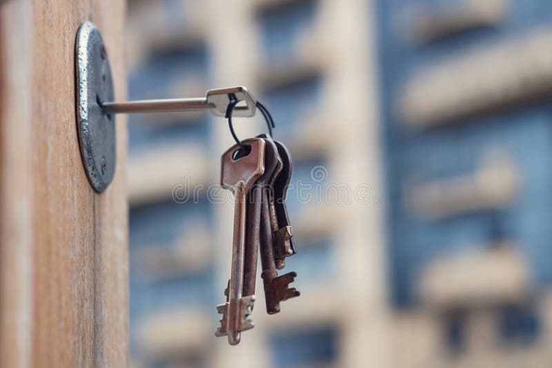 Key in door lock stock photo. Image of home, iron, entrance - 153744012