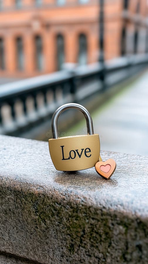 Key Engraved with Love and Heart Placed on a Lock Near a Bridge ...