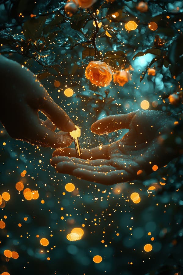 Key Exchange between Hands with Roses and Magical Bokeh Lights in Soft ...