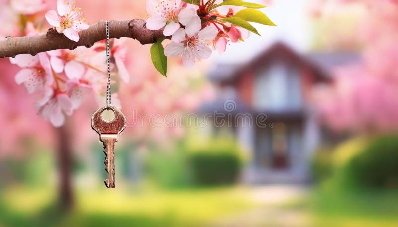 Key Hanging from Blossoming Tree Branch with House Background ...