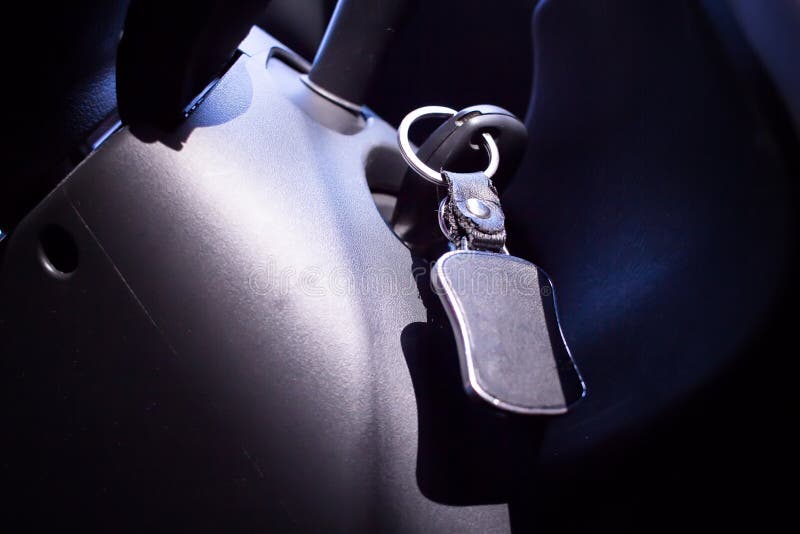 Key in the Ignition Cars with Leather Keychain Blur Close-up Stock ...