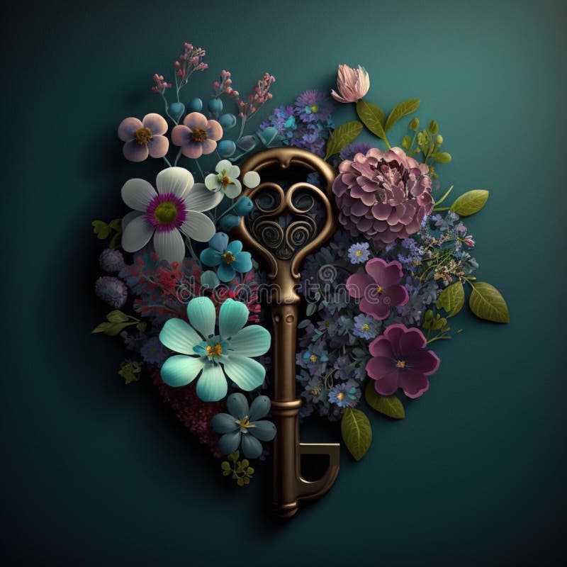 Key Inside Heart Shaped Flowers, Ai Generated Stock Image - Image of ...