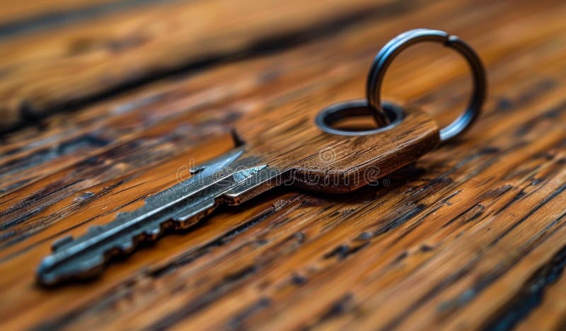 A Key is Laying on a Wooden Surface. the Key is Silver and Has a Wooden ...