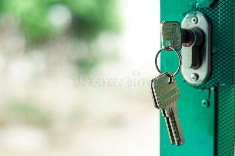 Key Lock with Key on Green the Door Stock Photo - Image of finger, blue ...