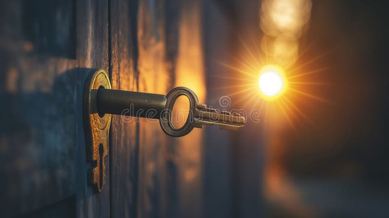 Key in a Lock with the Sunset Illuminating the Background, Casting Warm ...