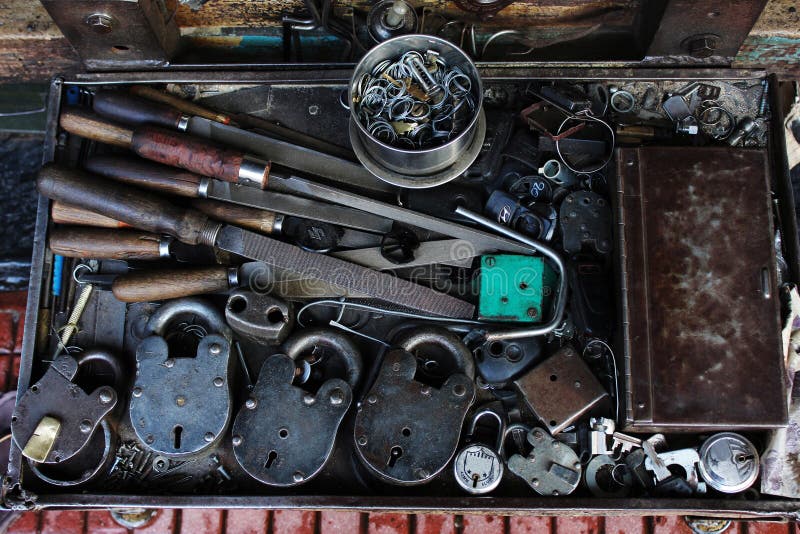Key Makers Tools and Old Locks on Store, Pune, Maharashtra Stock Photo ...