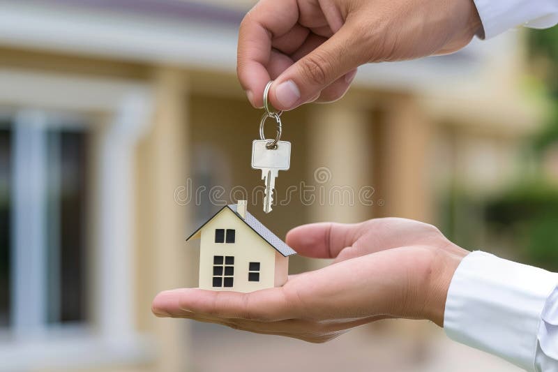 Key and Miniature House on Palm with House Background Stock Photo ...