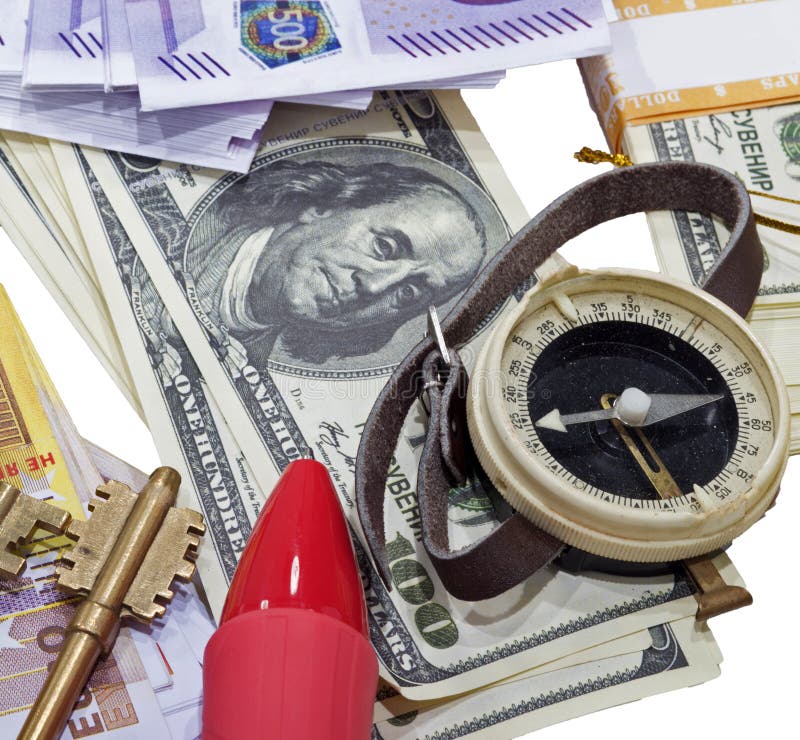 Key, money and compass stock image. Image of compass - 34322527