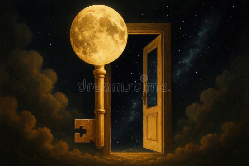 Key-moon in Front of the Open Door To the Starry Sky. Stock Image - Image of door, glow: 414917801
