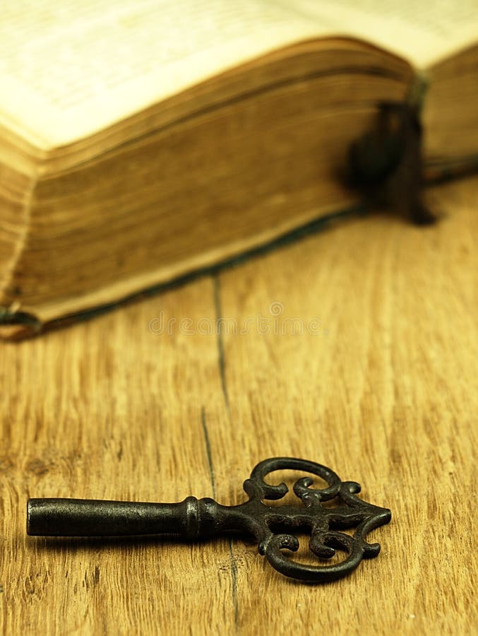 Key and Old, Open Book with a Damaged Cover. Stock Image - Image of ...