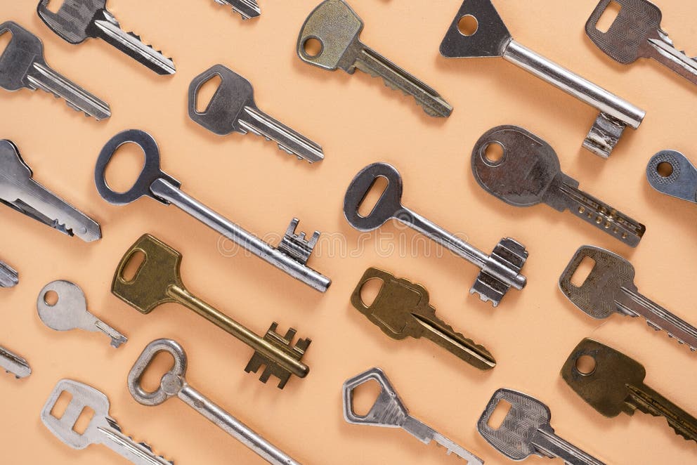 Key Pattern. Background from Different Old Keys. View from Above Stock ...