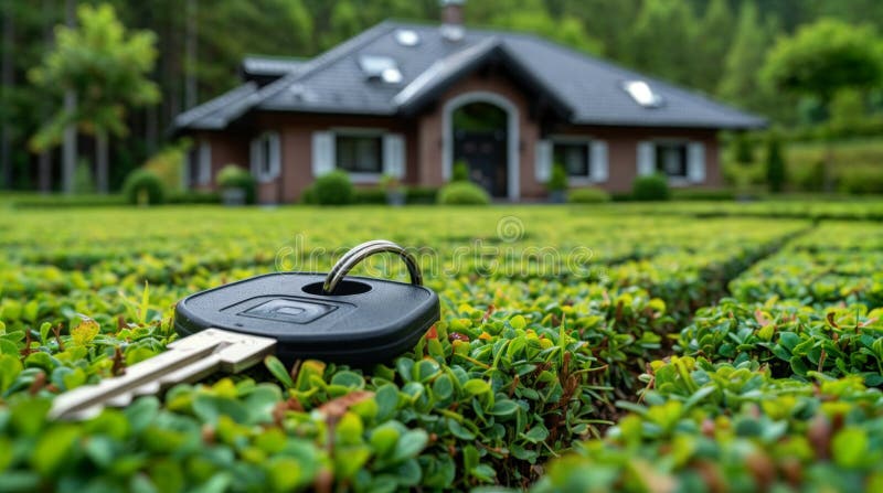 A Key is Placed on a Green Bush in Front of a House Stock Illustration ...