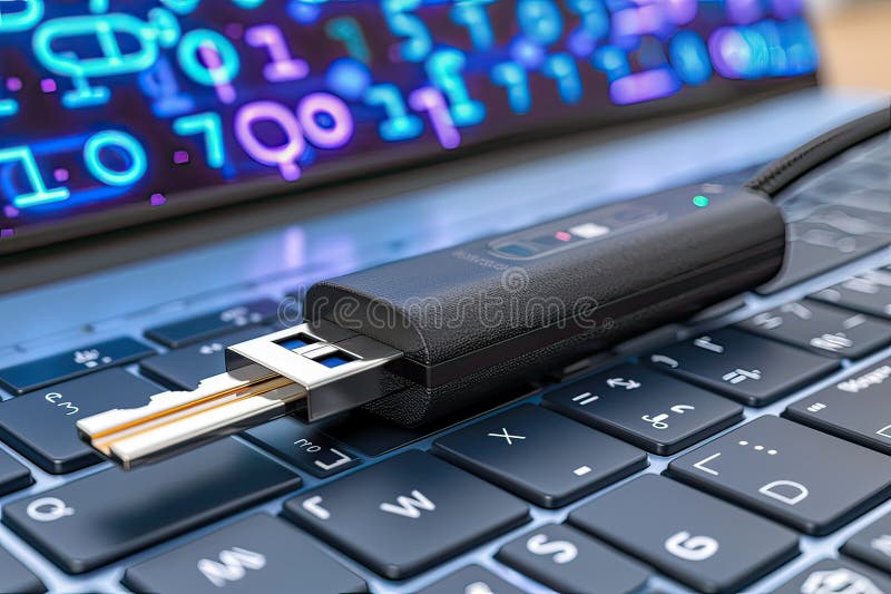 A Key is Protruding from a Keychain Link Above a Laptops Keyboard Stock ...