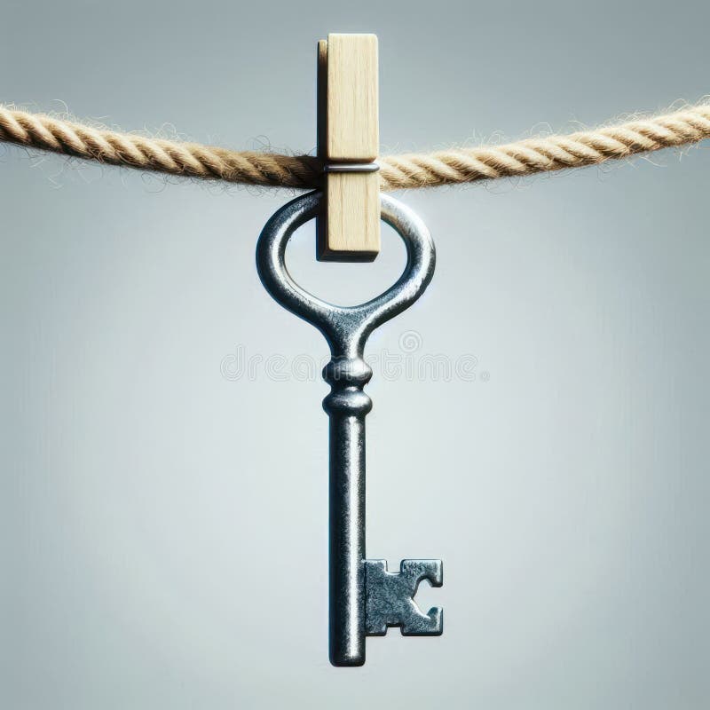 A Key on a Rope, Suspended on a Clothespin. Stock Photo - Image of ...
