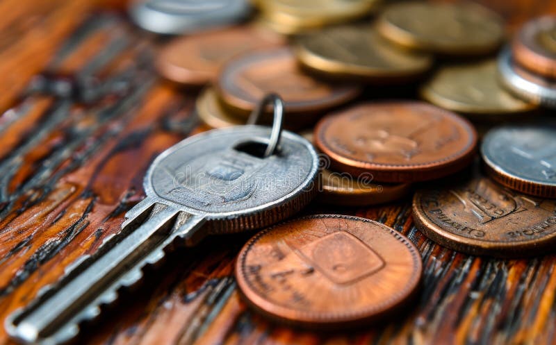 Key and Some Coins on Wooden Table Stock Image - Image of closeup ...