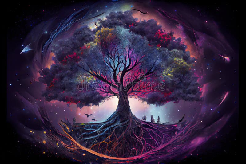 Key Visual of Colorful Tree of Life in Front of a Galaxy Stock ...