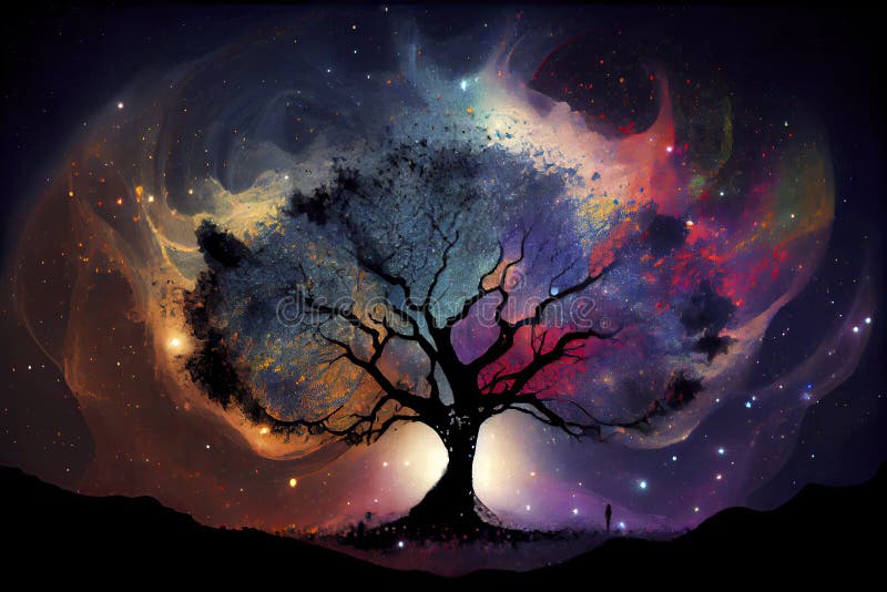 Key Visual of Colorful Tree of Life in Front of a Galaxy Stock ...