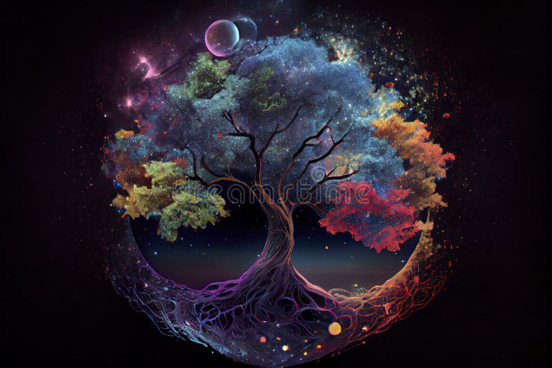 Key Visual of Colorful Tree of Life in Front of a Galaxy Stock ...
