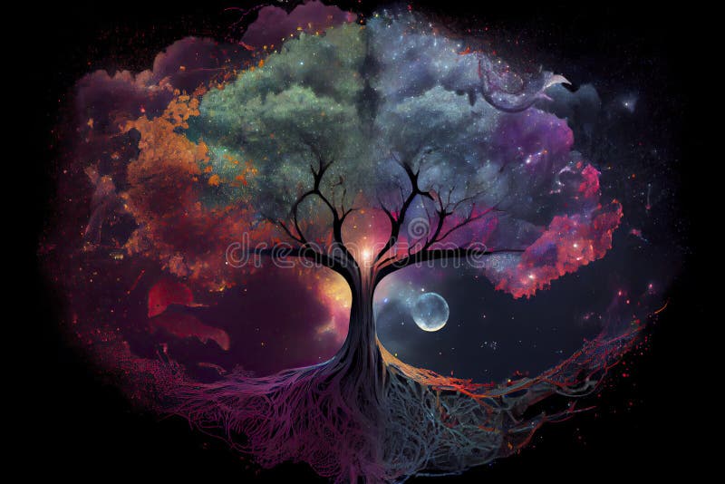 Key Visual of Colorful Tree of Life in Front of a Galaxy Stock ...