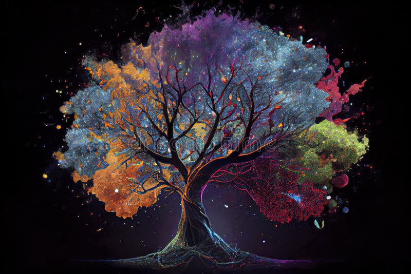 Key Visual of Colorful Tree of Life in Front of a Galaxy Stock ...
