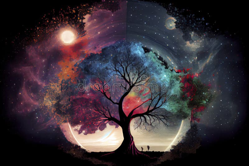 Key Visual of Colorful Tree of Life in Front of a Galaxy Stock ...