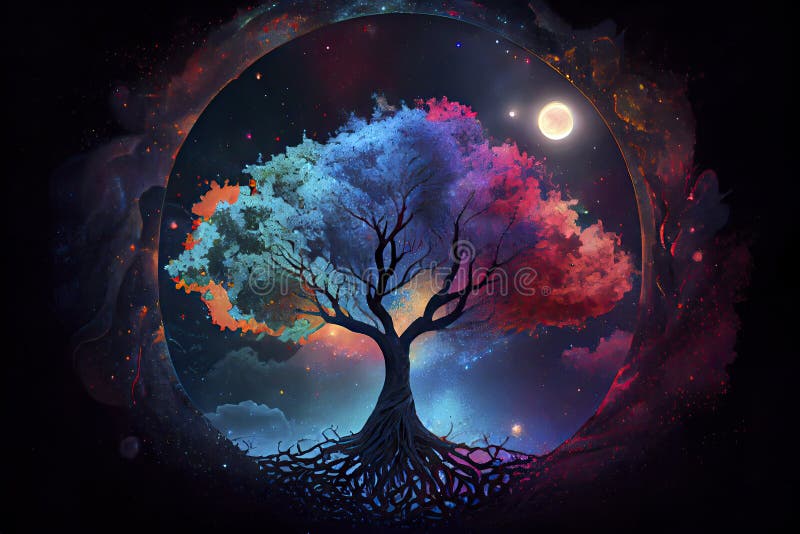 Key Visual of Colorful Tree of Life in Front of a Galaxy Stock ...