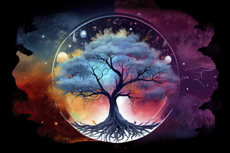 Key Visual of Colorful Tree of Life in Front of a Galaxy Stock ...