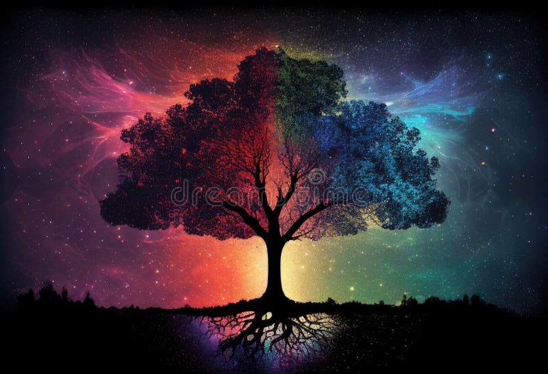 Key Visual of Colorful Tree of Life in Front of a Galaxy Stock ...
