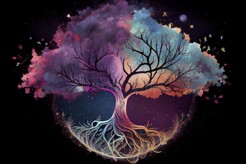 Key Visual of Colorful Tree of Life in Front of a Galaxy Stock ...
