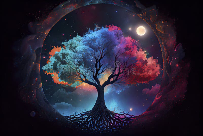 Key Visual of Colorful Tree of Life in Front of a Galaxy Stock ...