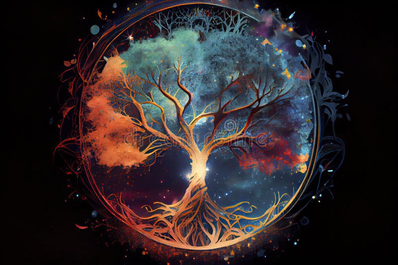 Key Visual of Colorful Tree of Life in Front of a Galaxy Stock ...