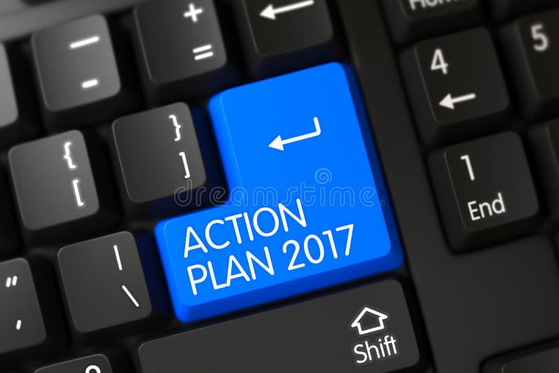 Keyboard with Blue Button - Action Plan 2017. 3D. Stock Image - Image ...